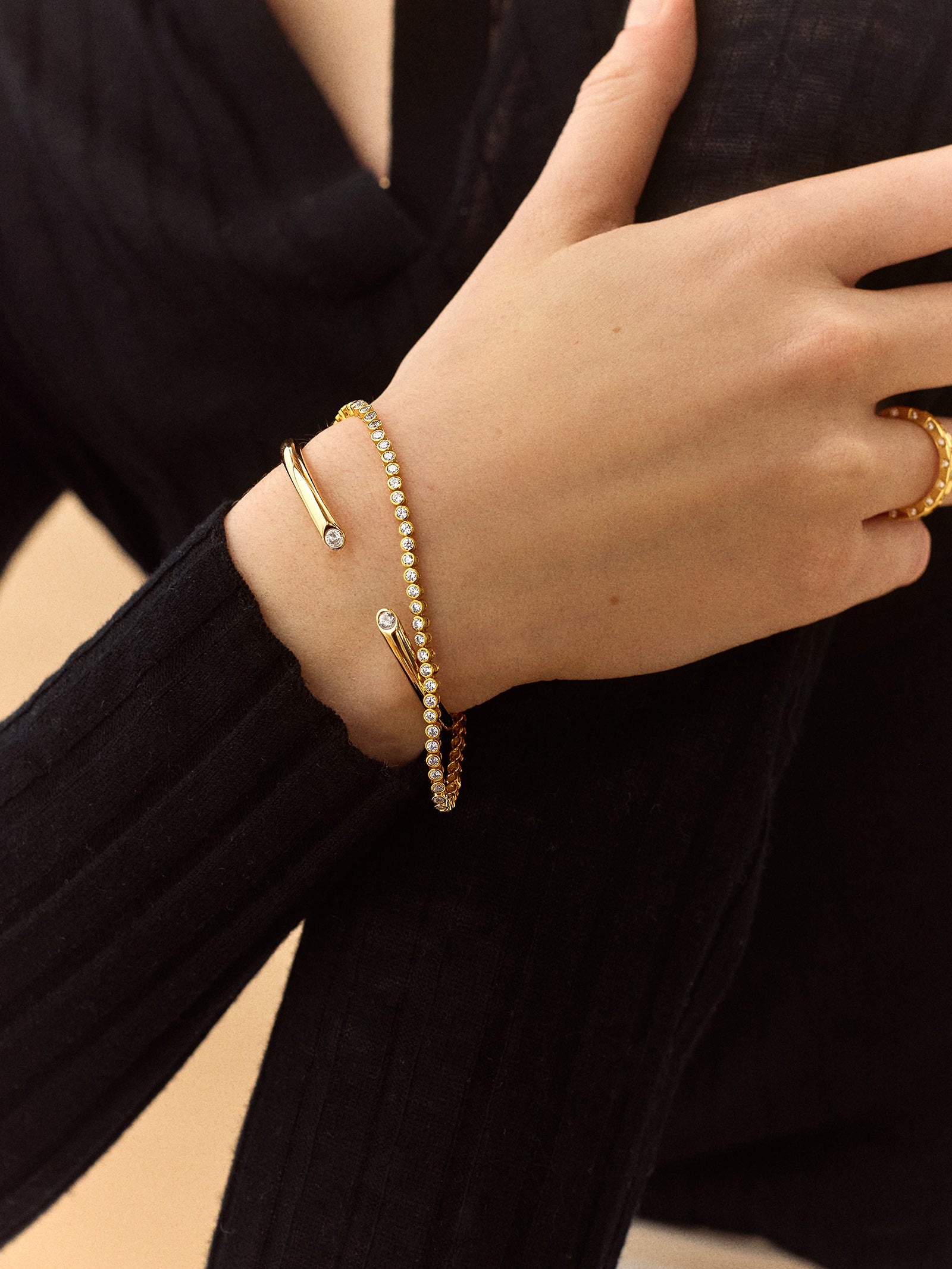 Clara Classic Bezel Cuff - Gold/Pavé – Gold hinge cuff – BaubleBar