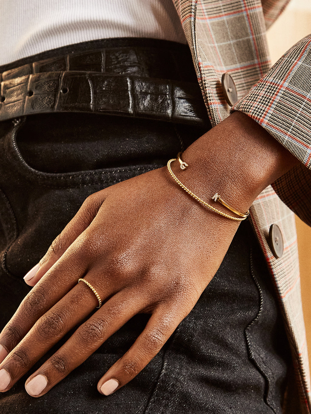 18K Gold Double Initial Custom Cuff Bracelet – 18K Gold Plated Sterling Silver, Cubic Zirconia ...